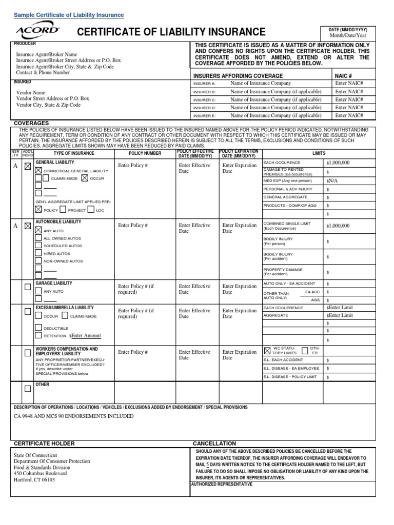 Sample Certificate of Liability Insurance | PDF | Insurance | Liability ...