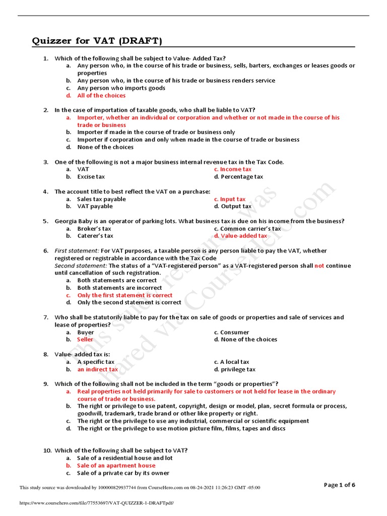 Vat Quizzer 1 Draft PDF | PDF | Value Added Tax | Taxes