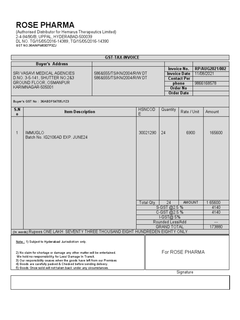 Sri Vasavi Medical Agencies Invoice Rpaug002 | PDF