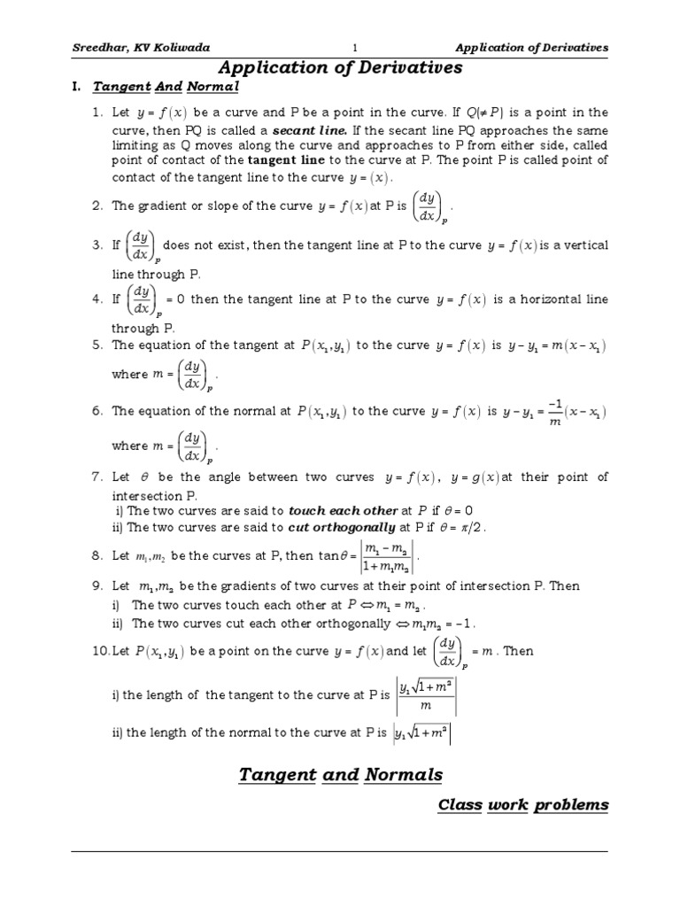 Tangents & Normals | PDF | Tangent | Slope
