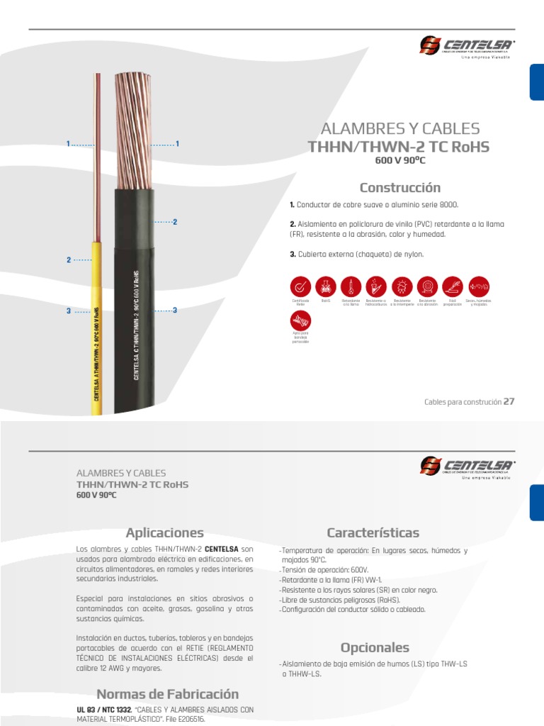 Centelsa - Cables THHN-THWN-2 TC RoHS 600V 90°C | PDF | Aislador ...