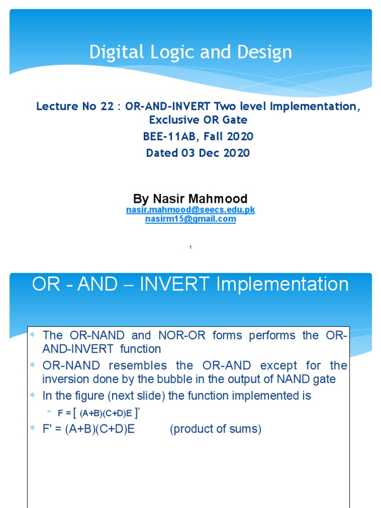 22 DLD Lec 22 or-And-InVERT Two Level Implementation, Exclusive or Implementation Dated 03 Dec ...
