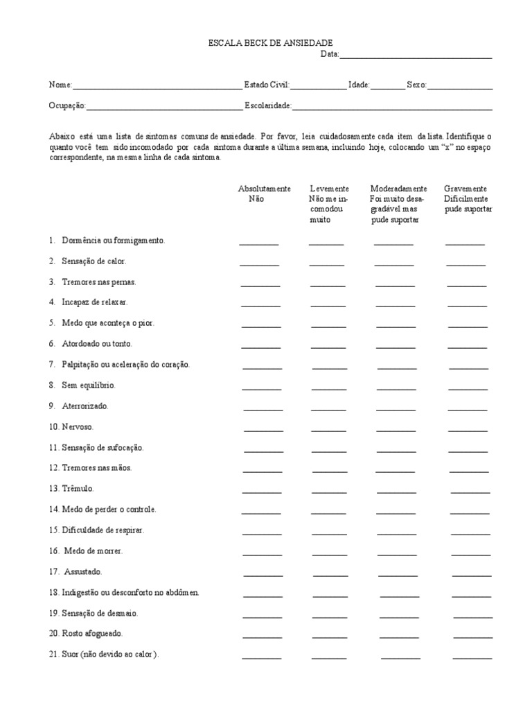 Escala Beck de Ansiedade | PDF | Doenças e distúrbios | Medicina Clínica