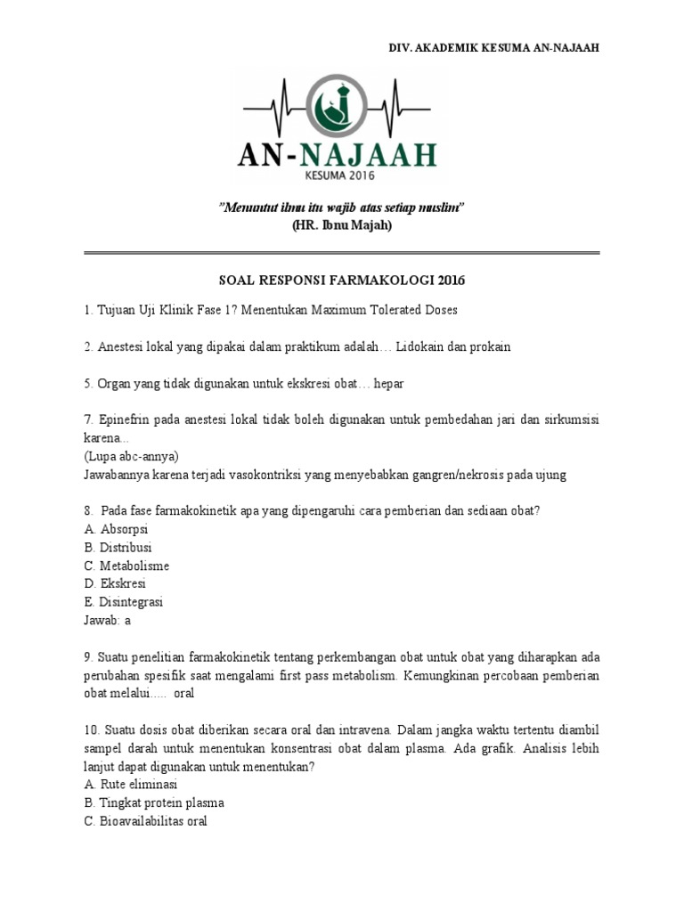 Soal Responsi Farmakologi 2016 | PDF | Kesehatan Holistik | Sains & Matematika