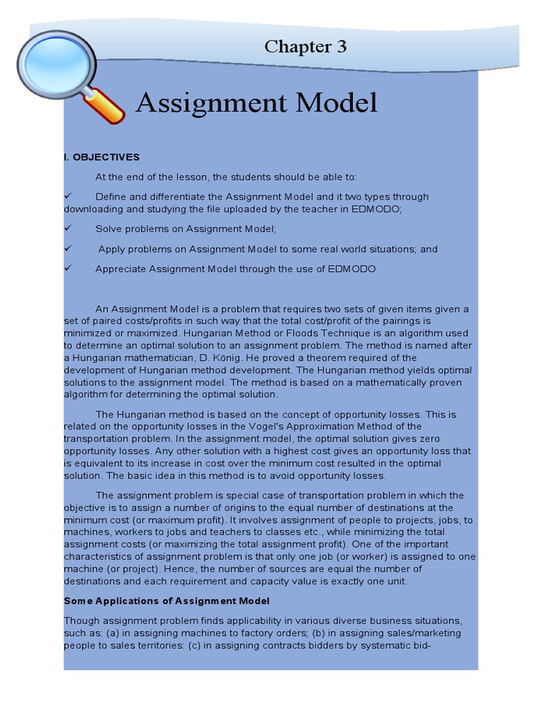 Assignment Model: I. Objectives | PDF | Mathematical Optimization ...