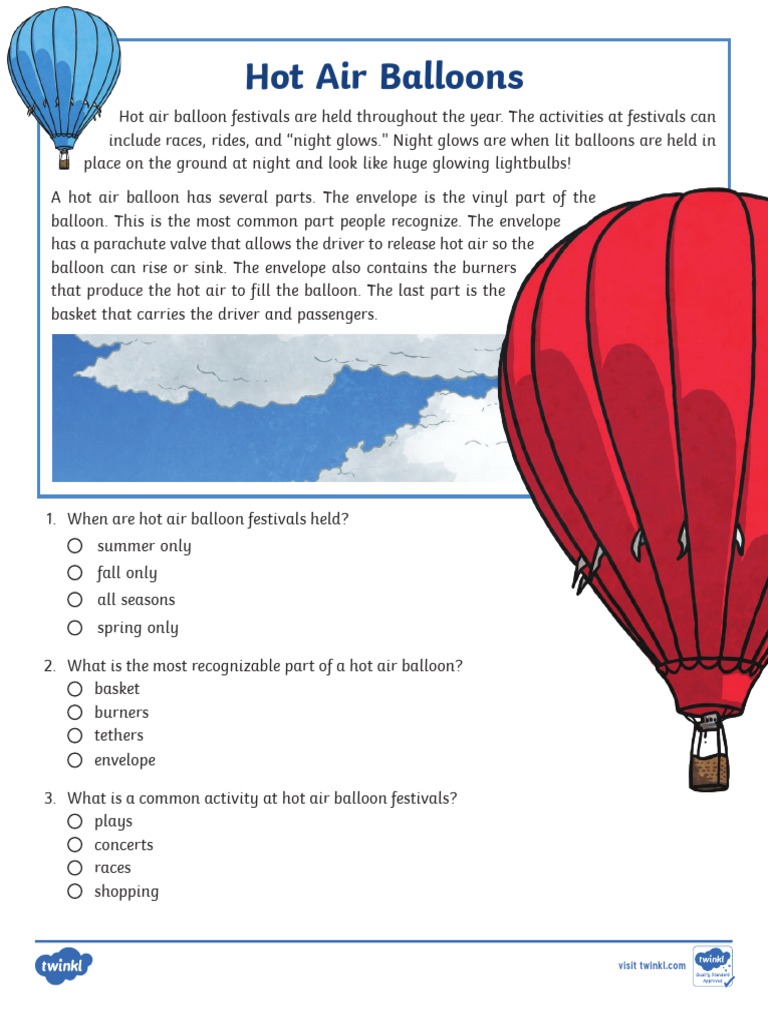 Third Grade Hot Air Balloons Reading Passage Comprehension Activity | PDF