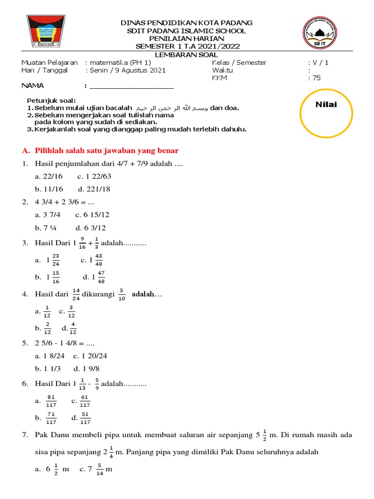 Soal PH 1 MTK Kelas 5 SD | PDF