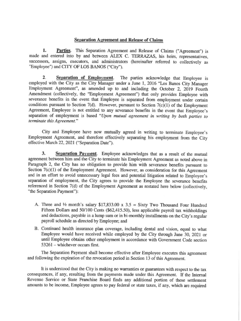 Los Banos Alex Terrazas Separation Agreement | PDF