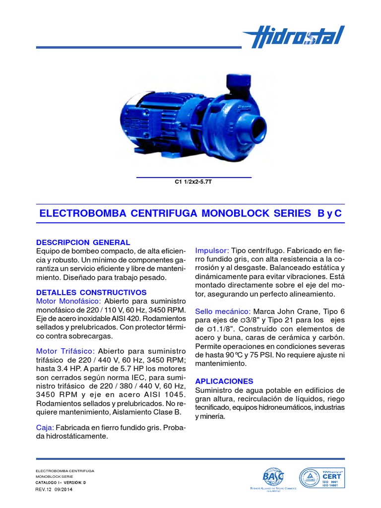 Electrobomba Hidrostal Monoblock Series B y C | PDF | Ingeniero civil | Materiales