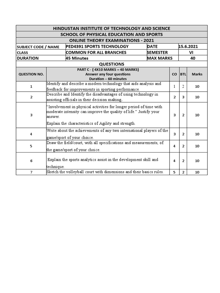 Sports Technology Exam Questions 2021 | PDF