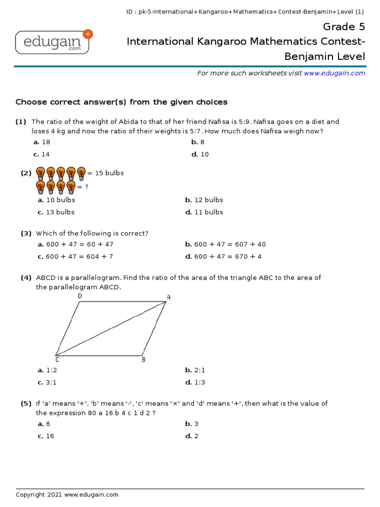 Grade-5-International Kangaroo Mathematics Contest-Benjamin Level-Pk ...