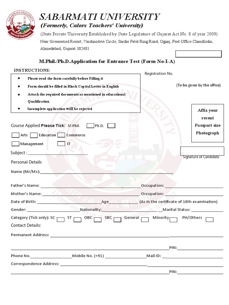 Application for Admission to the M.Phil./Ph.D. Programs at Sabarmati University | PDF ...