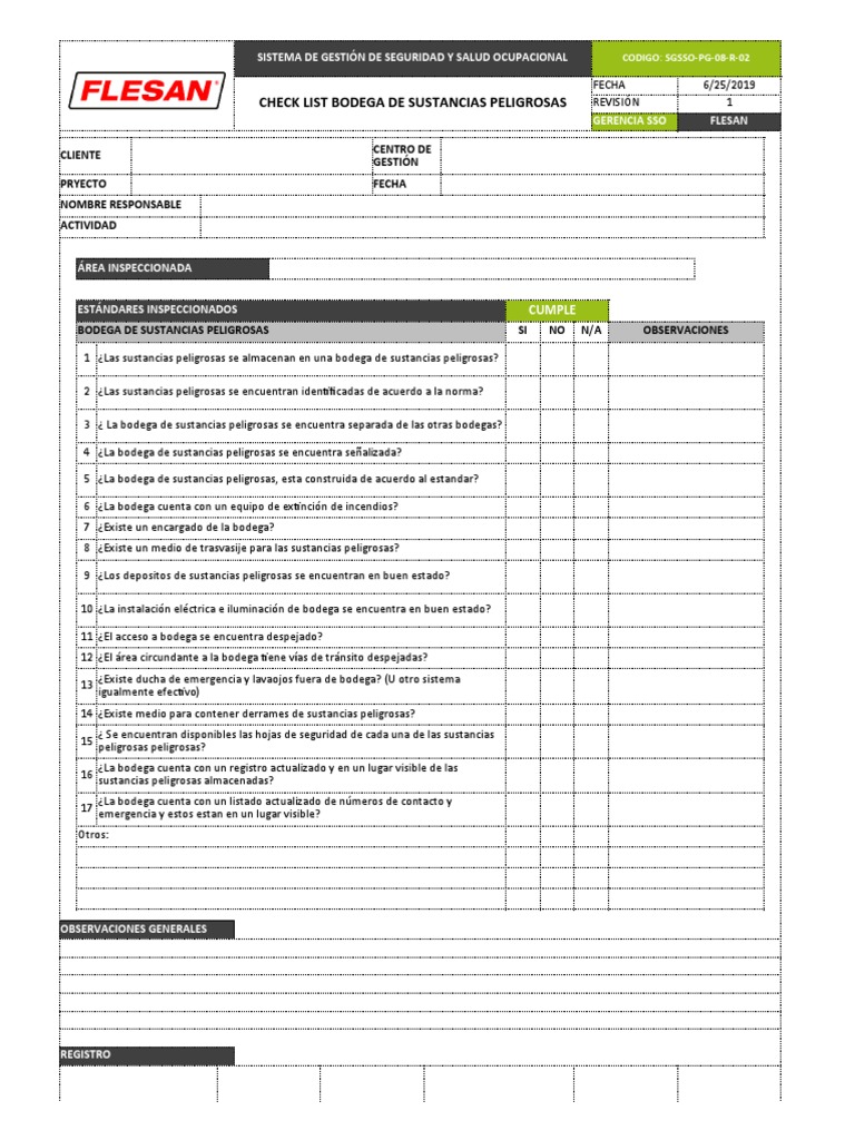 Check List Bodega de Sustancias Peligrosas | PDF
