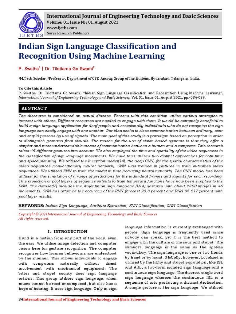 Indian Sign Language Classification and Recognition Using Machine ...