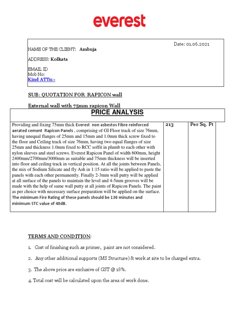 Rapicon Wall Quotation for Ambuja | PDF | Wall | Building Technology