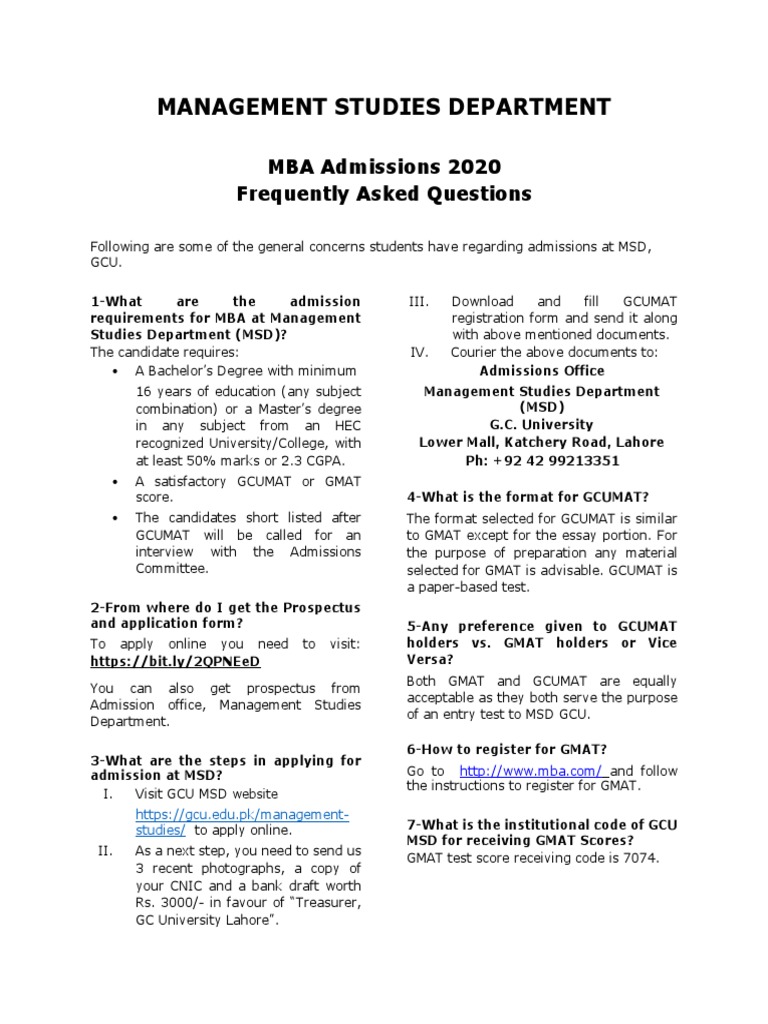 Management Studies Department: MBA Admissions 2020 Frequently Asked ...