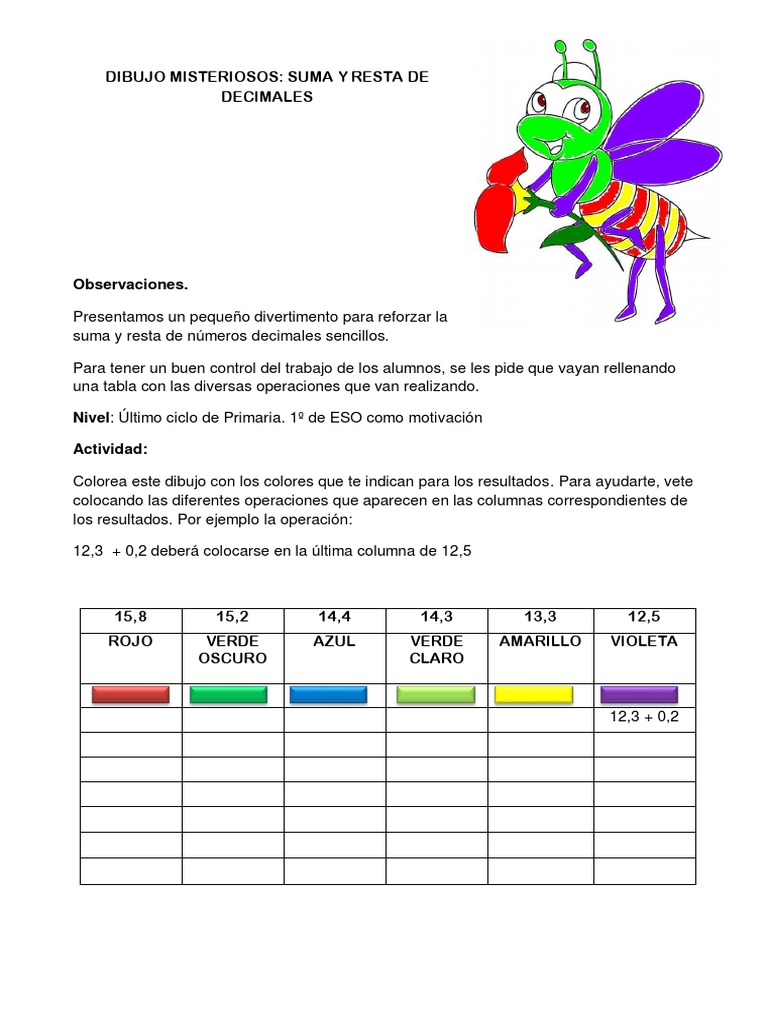 Dibujo Misterioso: Sumas y Restas Decimales | PDF