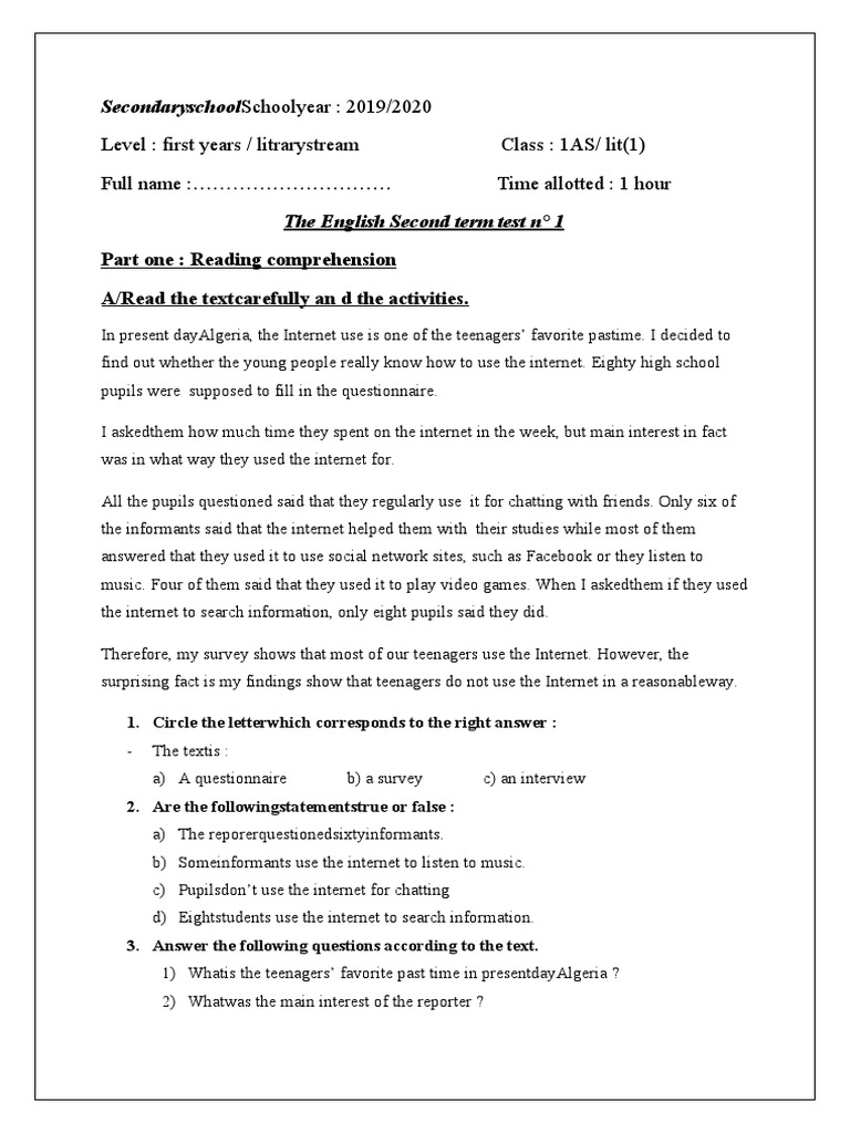 1AS English Test: Internet Use Survey | PDF | Internet | Syntax