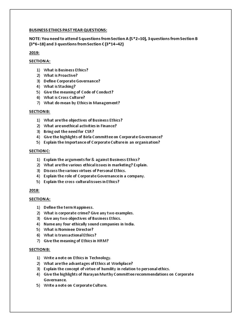 Business Ethics Past Year Questions | PDF | Business Ethics | Corporate ...
