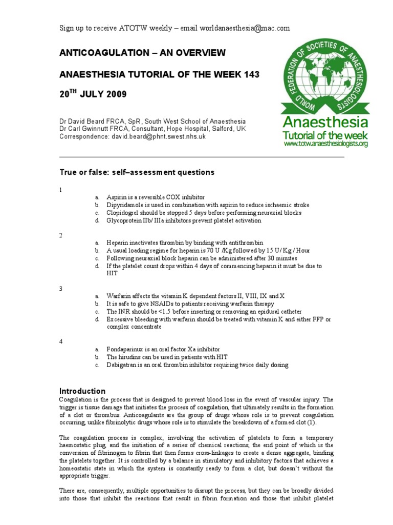 Anticoagulation - An Overview Anaesthesia Tutorial of The Week 143 20 ...