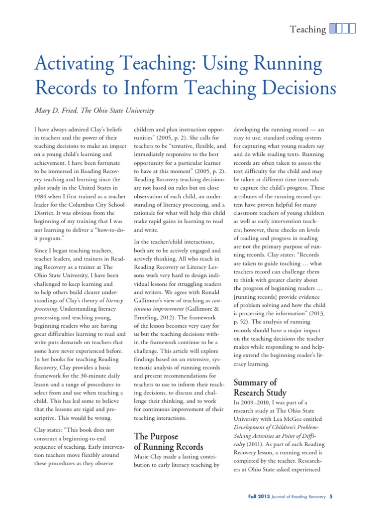 Activating Teaching Using Running Records To Inform Teaching Decisions ...