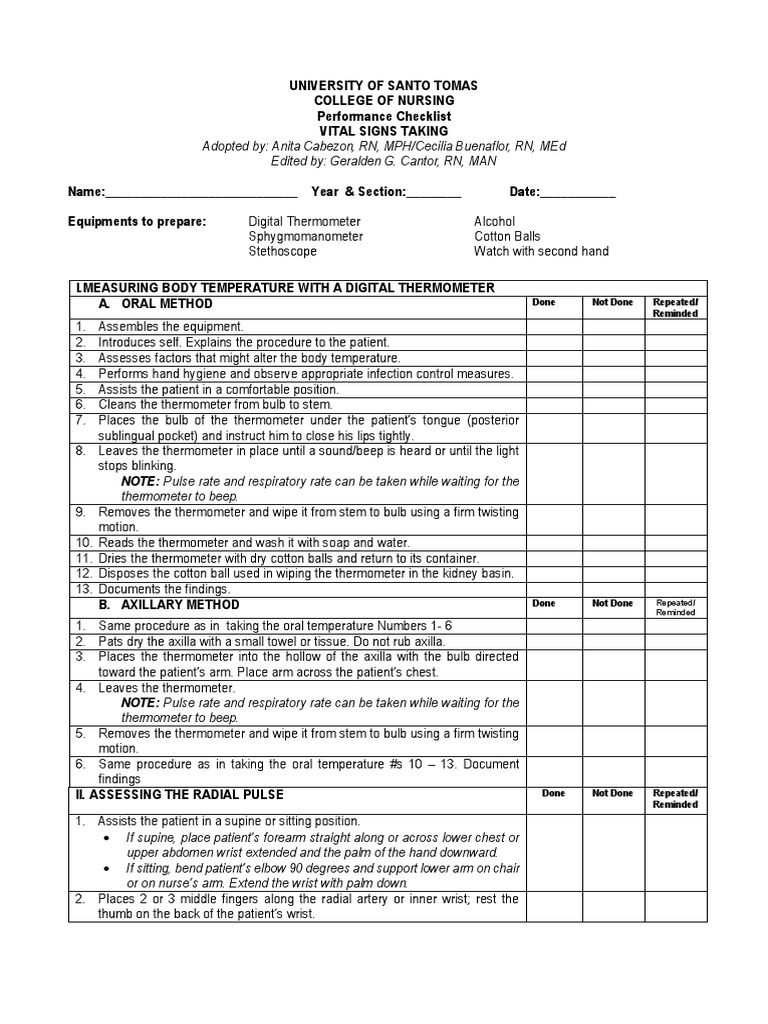Vital Signs Taking Checklist | PDF | Pulse | Cardiovascular System