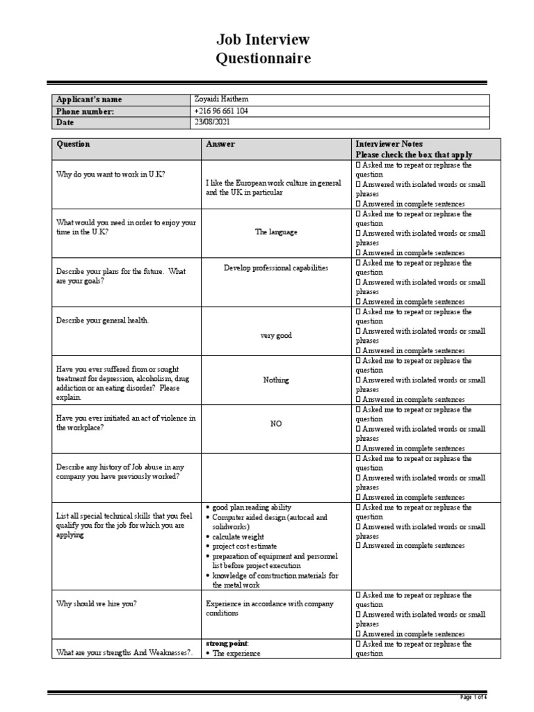 Job Interview Questionnaire | PDF | Vocabulary | English Language