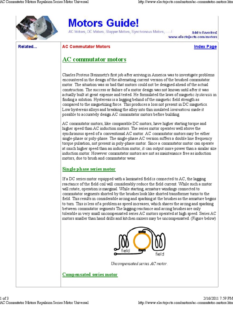 AC Commutator Motors Repulsion Series Motor Universal | PDF | Electric ...