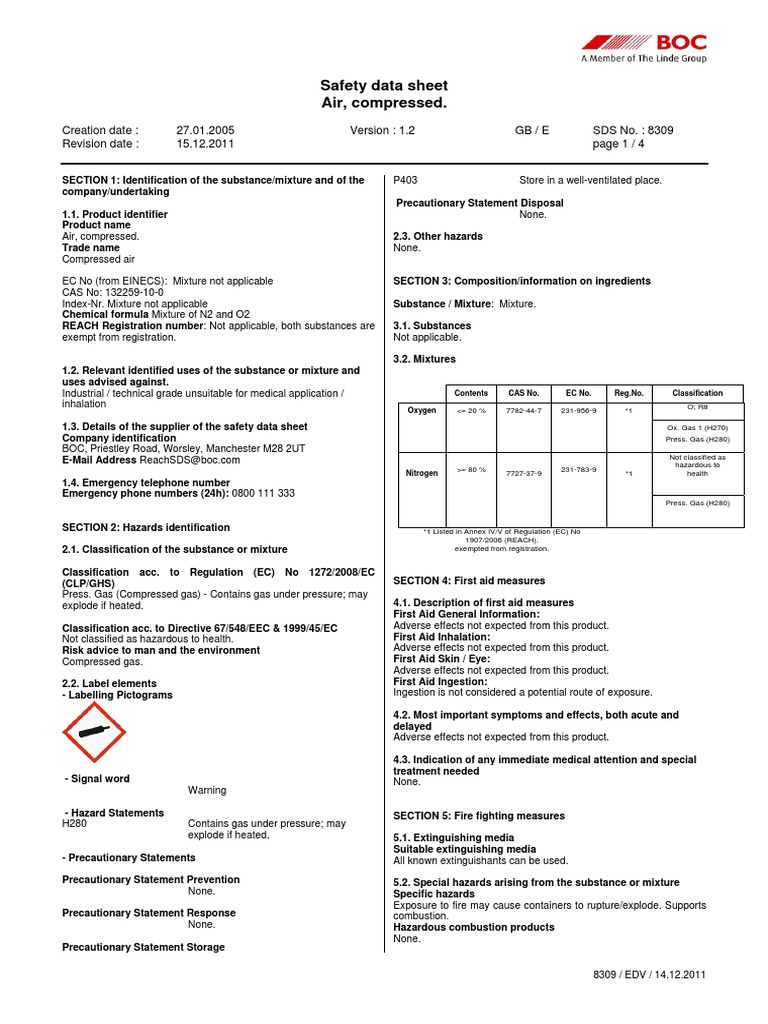Compressed AIR Safety Data Sheet | PDF | Personal Protective Equipment ...