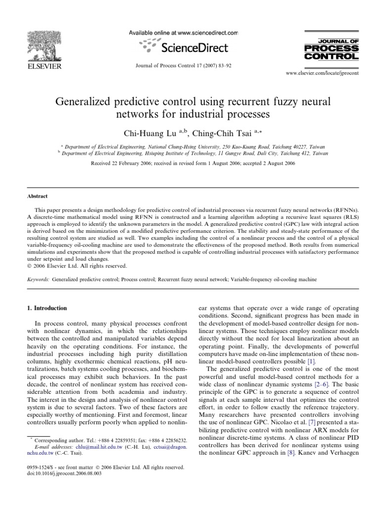 Generalized Predictive Control Using Recurrent Fuzzy Neural Networks For Industrial Processes