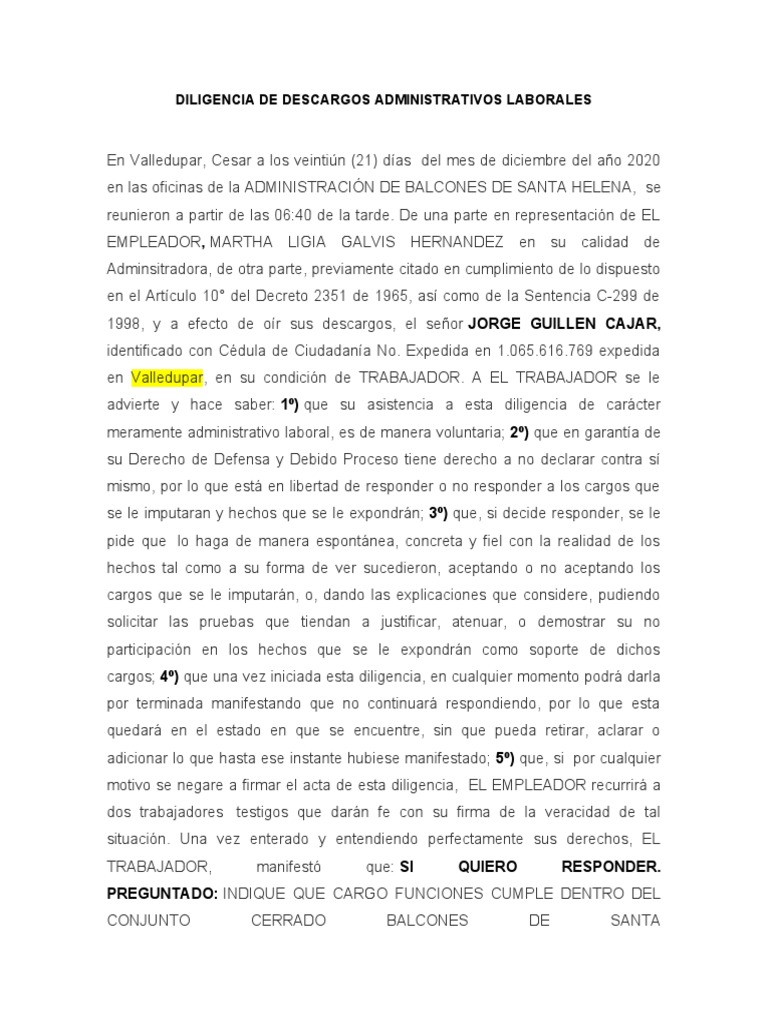 Diligencia De Descargos Administrativos Laborales Pdf