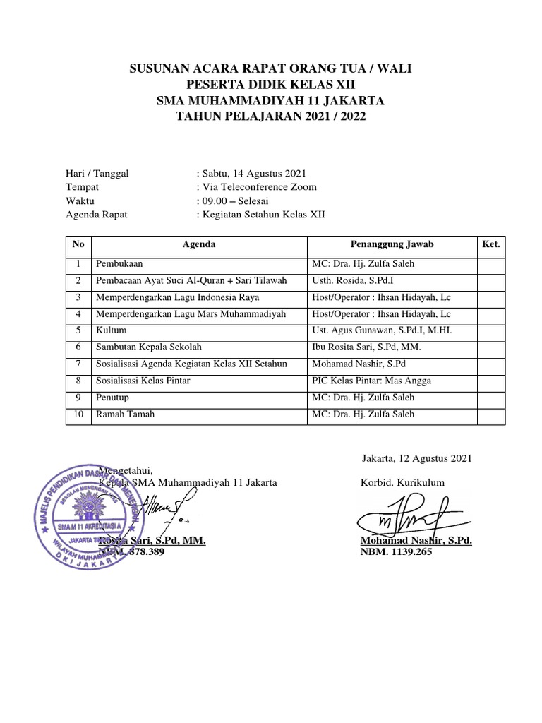 Susunan Acara Rapat Orang Tua Siswa Kelas XII | PDF