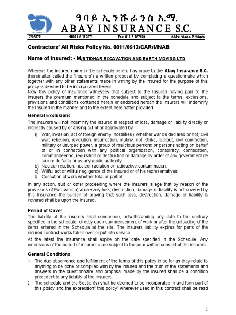 Contractor All Risk (CAR) Policy | PDF | Indemnity | Insurance
