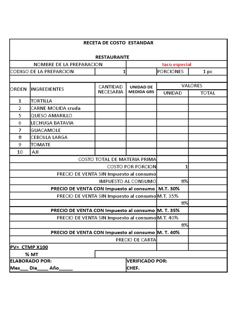 Receta de Costo y Preparacion Ejemplo Actualizada 2021.. | PDF | Taco ...