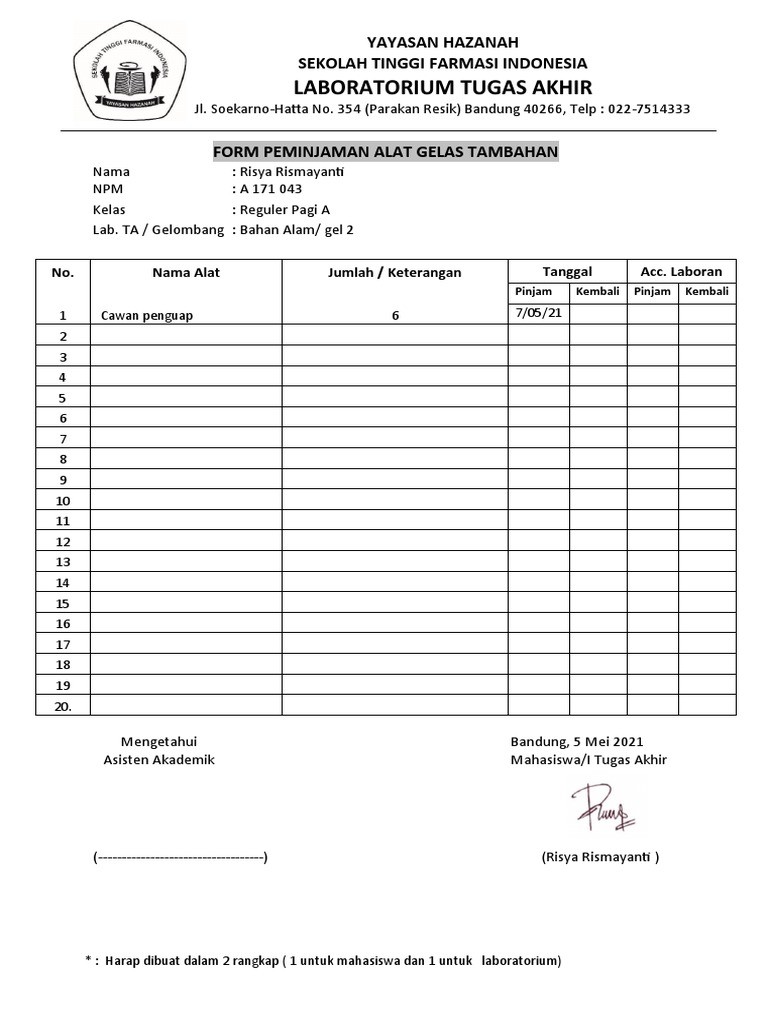 Form Peminjaman Alat - Risya Rismayanti A 171 043 | PDF