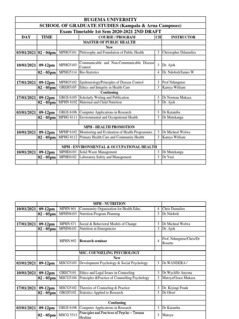 GRADUATE SCHOOL Exam Timetable 1st Sem 2020-2021 2ND DRAFT | PDF ...