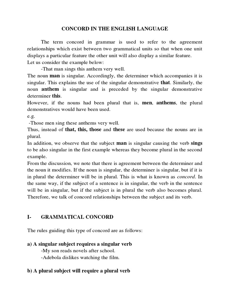 Concord in The English Language | PDF | Grammatical Number ...