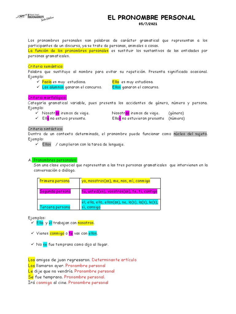 Pronombres Personales: Definición y Ejemplos | PDF | Pronombre | Género ...