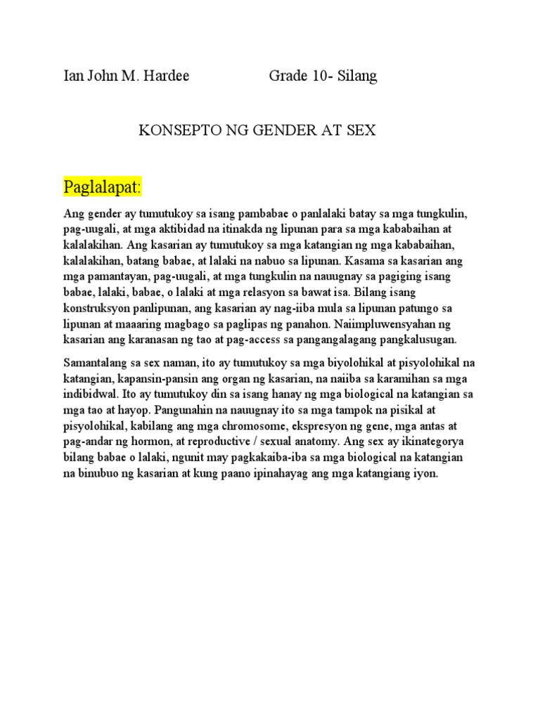 KONSEPTO NG GENDER AT SEX - Hardee - Silang | PDF