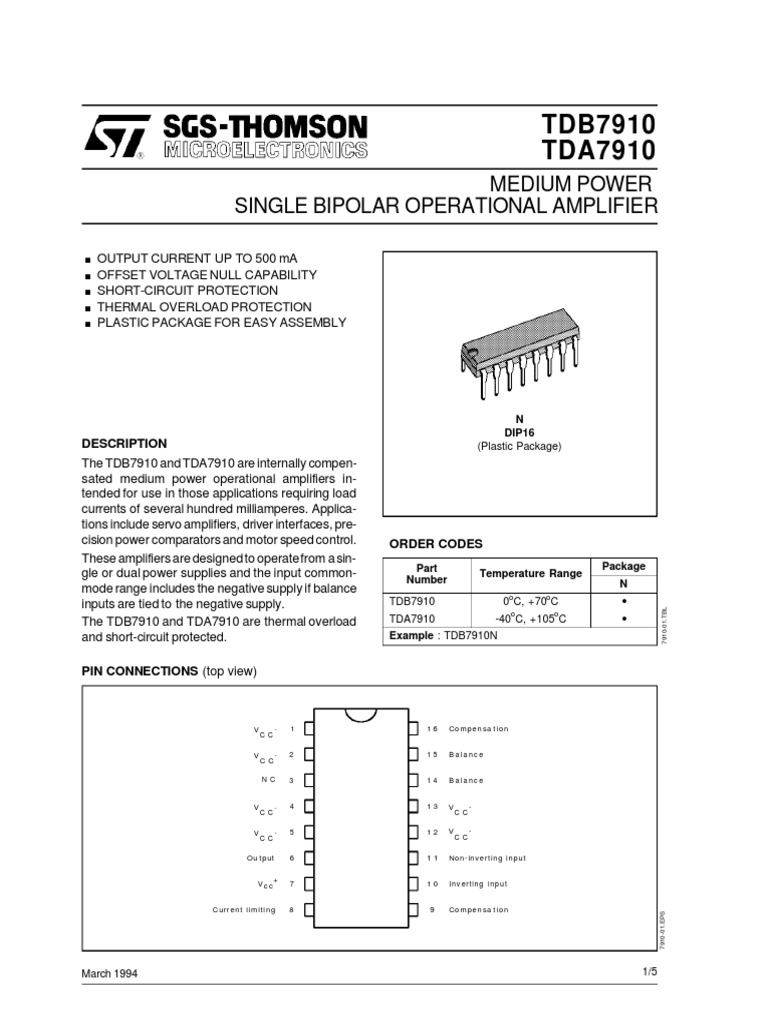 TDB7910 TDA7910: Medium Power Single Bipolar Operational Amplifier | Download Free PDF ...