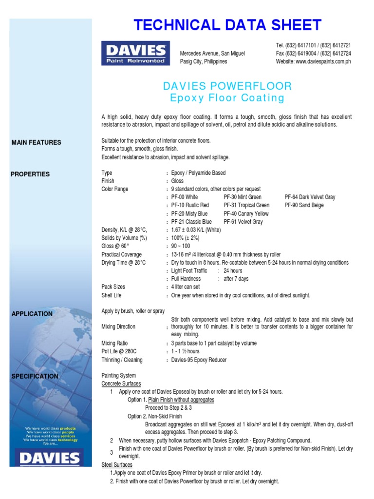 Technical Data Sheet: Davies Powerfloor Epoxy Floor Coating | PDF ...