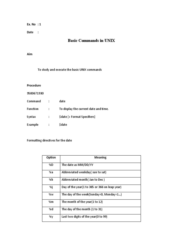 Basic Commands In UNIX Ex No 1 Date PDF Parameter Computer
