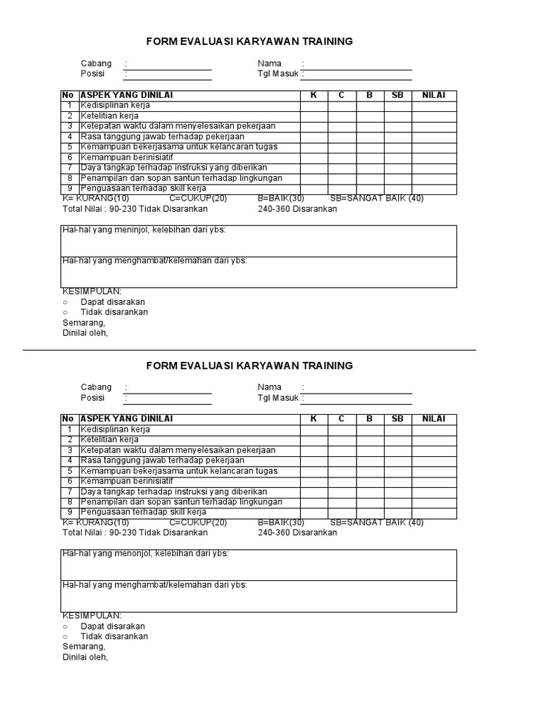 Form Evaluasi Training Karyawan | PDF