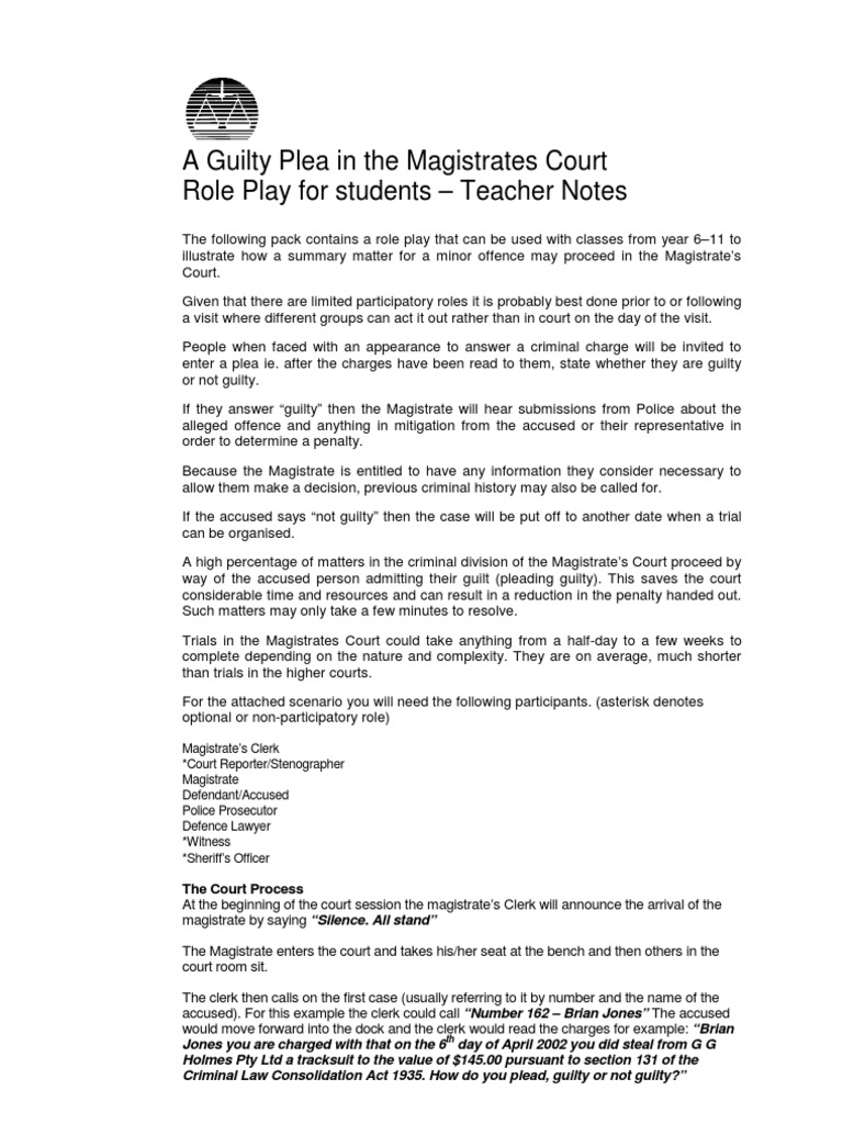 A Guilty Plea in The Magistrates Court Role Play For Students - Teacher ...