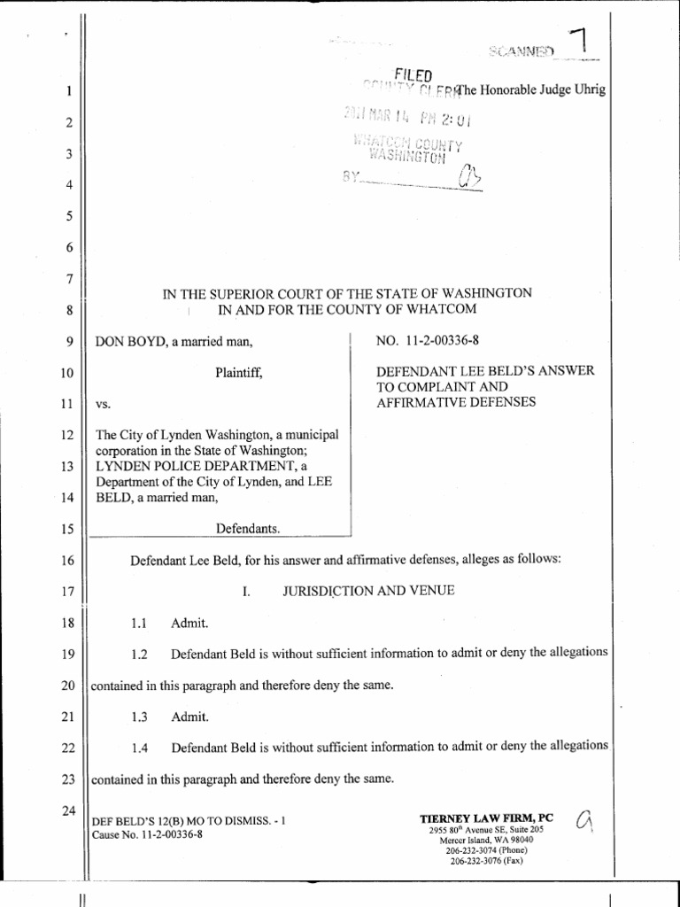 Lee Beld Whatcom County Superior Court Filing - Tort Response | PDF