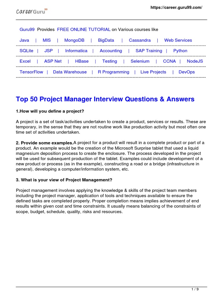 Top 50 Project Manager Interview Questions & Answers: 1.how Will You ...