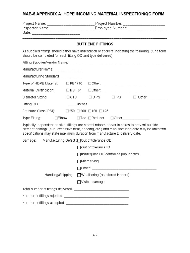 Mab-6 Appendix A: Hdpe Incoming Material Inspection/Qc Form | PDF