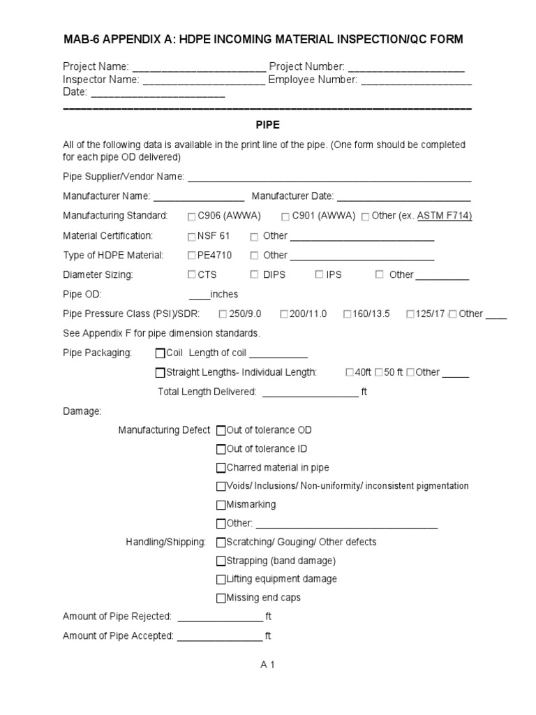 HDPE Pipe Inspection QC Form | PDF