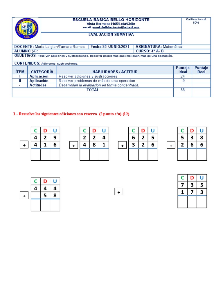 Prueba Matematica Sumas y Restas 4° | PDF