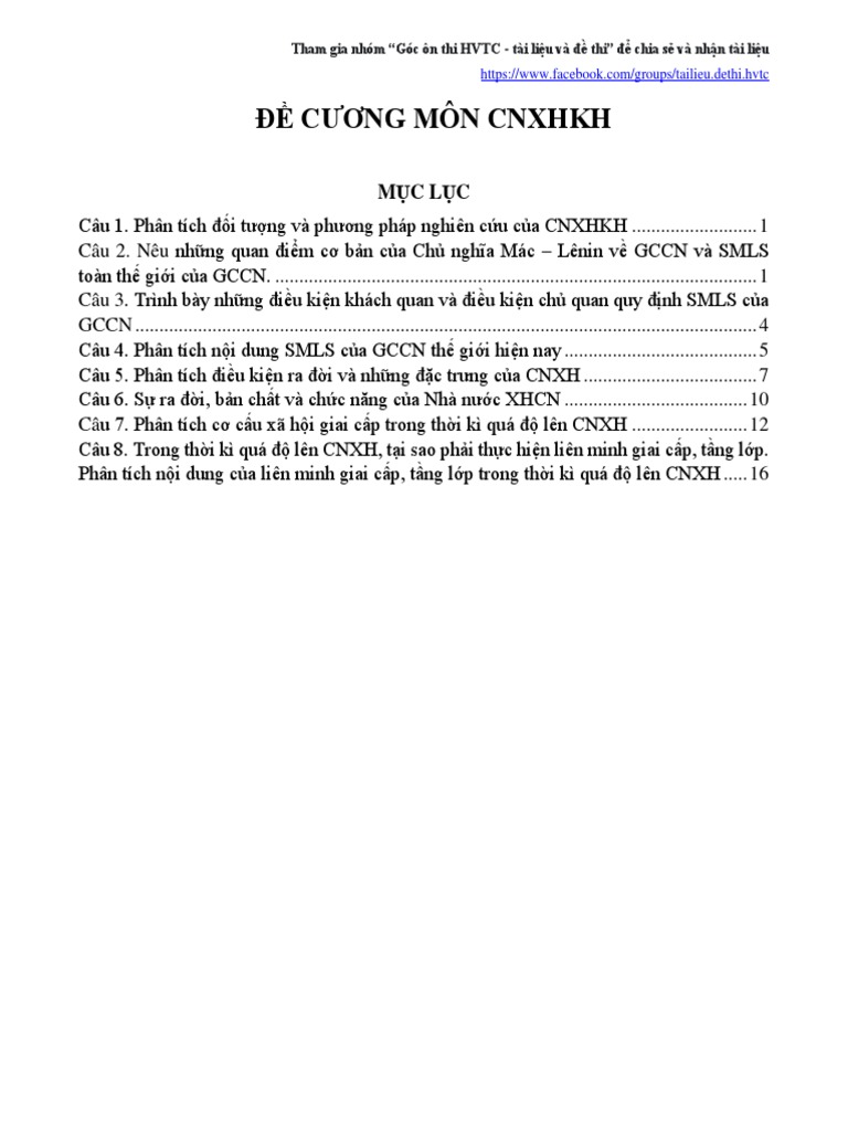 ĐỀ CƯƠNG MÔN CNXHKH | PDF